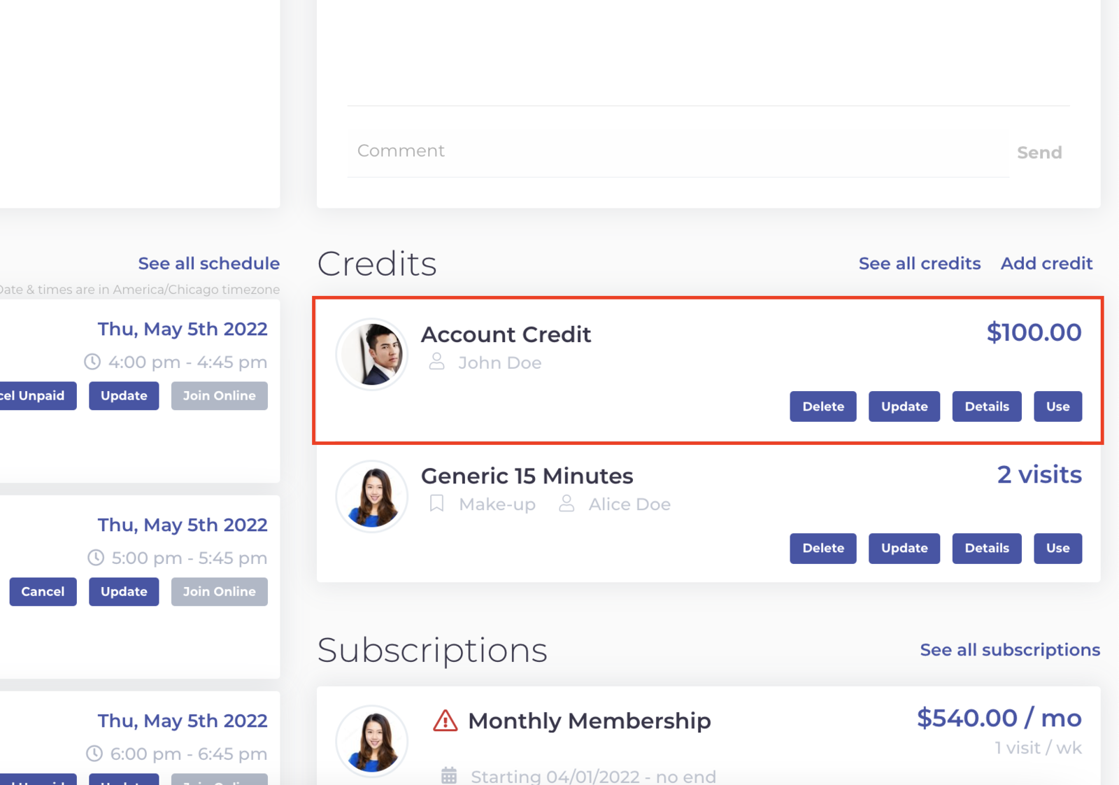 How do I add monetary credits to a client's account?